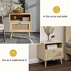 Rattan Nightstand with Drawer and Open Storage Shelves, Wood Finish End Table, Accent Side Table for Living Room, Bedroom