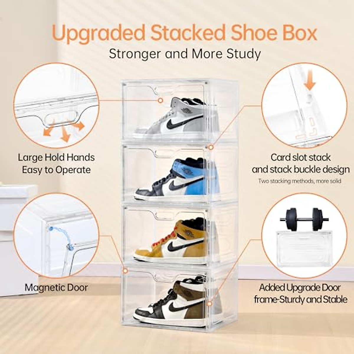 Amllas 8 Pack Shoe Boxes Clear Plastic Stackable, Large Shoe Storage Organizer with Lids,Drop Side Shoe Containers for Entryway,Sneaker Storage Fit up to US Size 13 for Men/Women(13’’x 10.6”x 8.3”)