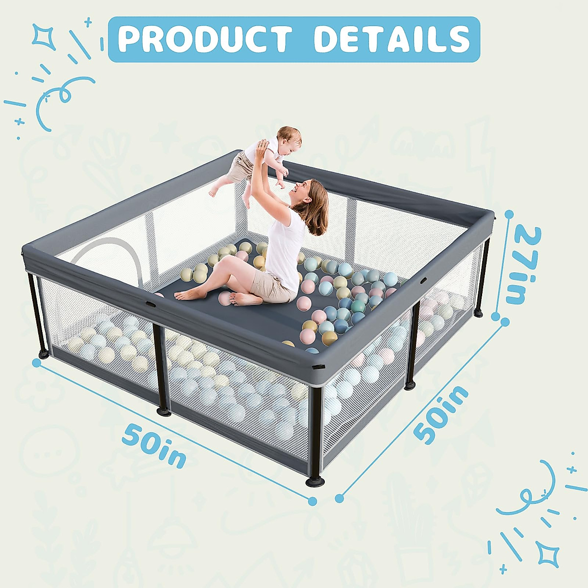 TOREVSIOR Foldable Baby Playpen, Foldable Playpen for Babies and Toddlers, Indoor & Outdoor Kids Safety Play Pen, Portable Play Yard, Foldable Baby Playpen with 50 Ocean Balls (50"×50")