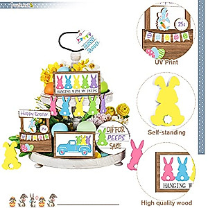 12 Pcs Easter Tiered Tray Decor Set Easter Bunny Wood Sign Rustic Farmhouse Decor Tiered Tray Decorative Trays Signs for Easter Table Holiday