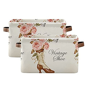 ALAZA Vintage Shoe Flower Rose Foldable Storage Box Storage Basket Organizer Bins with Handles for Shelf Closet Living Room Bedroom Home Office 2 Pack