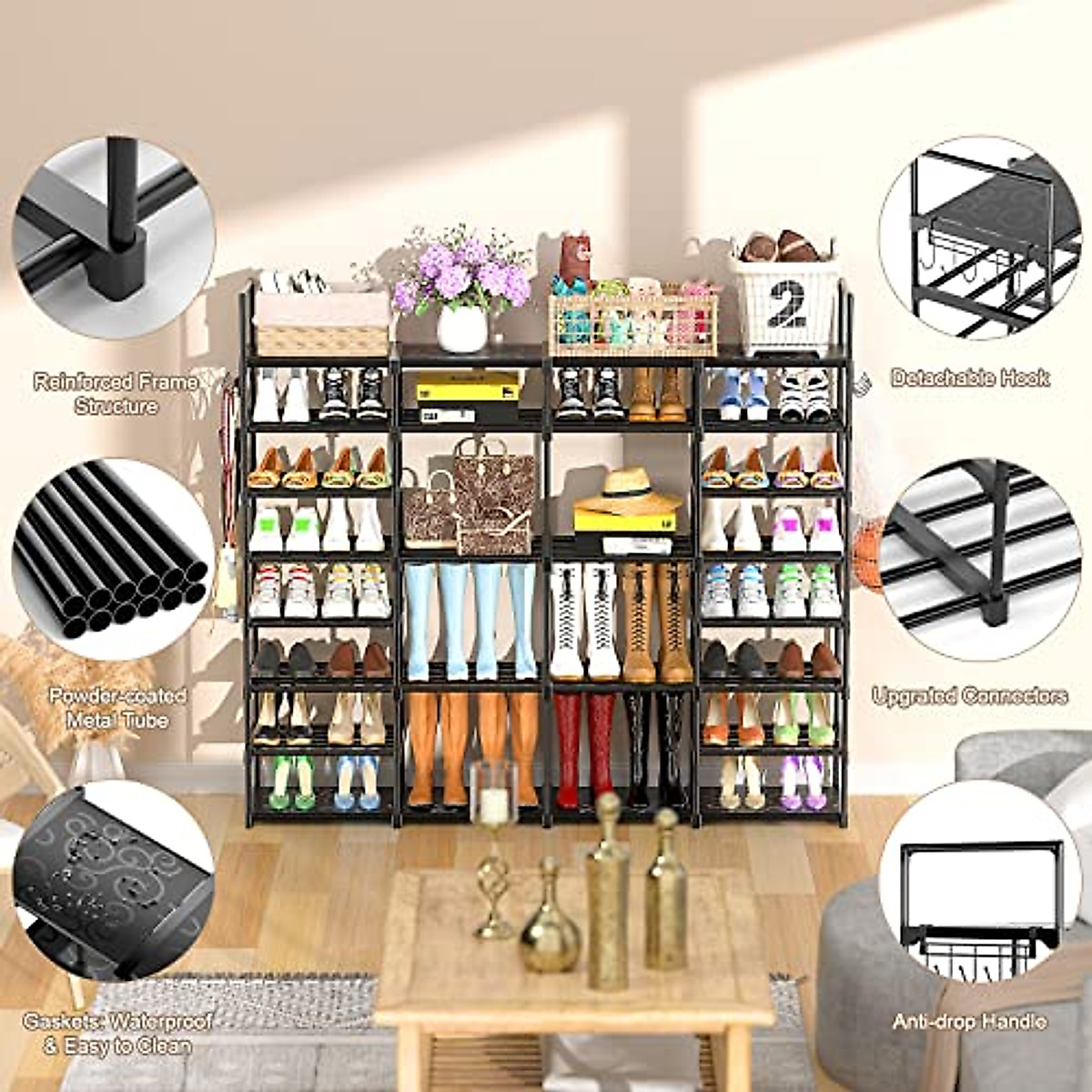 Polegas Large Shoe Rack Shoe Organizer for 62-66 Pairs Shoes and Boots, Metal Shoe Rack Organizer, 8 Tiers Shoe Storage Shelf, Space Saving Shoe Cabinet for Entryway Closet Garage Bedroom Cloakroom