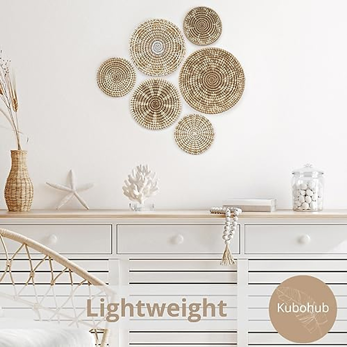 Kubohub Wall Basket Decor Boho Set of 6 - Handcrafted Seagrass Hanging Woven Wall Baskets for Coastal, Farmhouse, Boho Wall Decor - Unique Wicker Wall Art Decor