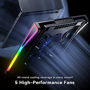 Laptop Cooling Pad, Laptop Cooler Gaming Laptop Cooling Fan, Laptop Cooling Stand for 15.6-17.3 Inches with 4 Adjustable Heights, RGB Lights, 5 Quiet Fans & 2 USB Ports