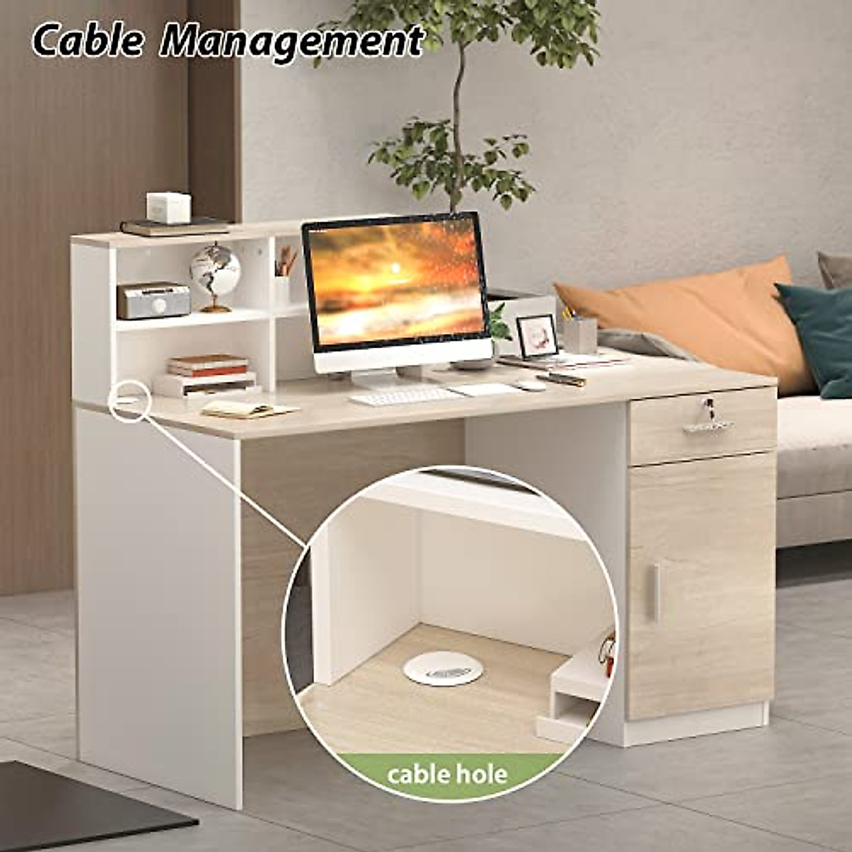 AIEGLE Reception Desk with Counter & Lockable Srotage Drawers, for Salon Reception Room Checkout Office, Natrual (55.1" L x 23.6" W x 43.3" H)