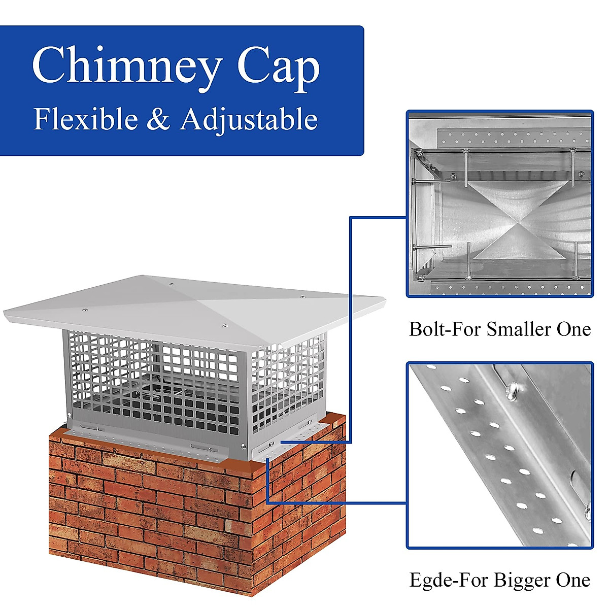 Flieeya Chimney Cap, Stainless Steel Chimney Cap, 17" x 29" Bolt On Single Flue Chimney Cover 304 Stainless Steel Fireplace Chimney Cover Adjustable for Outdoor Masonry Chimney