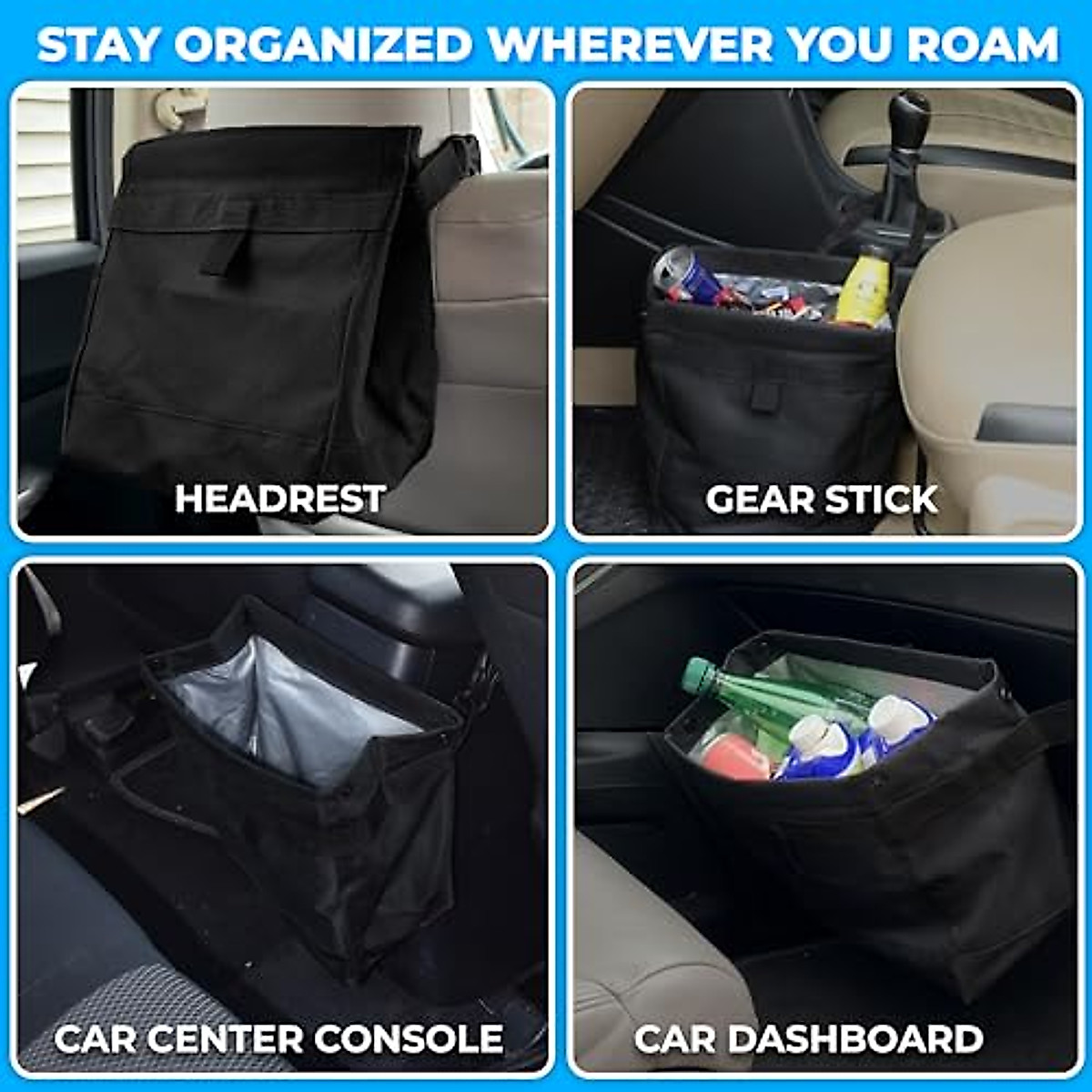 EcoNour Car Trash Can (Large) | Car Trash Bag Hanging with Elastic Opening & Easy Mount | Car Garbage Can with Waterproof Oxford Material | Cute Car Accessories for Camping, Traveling & Outdoor