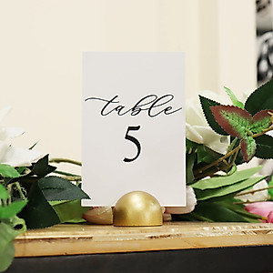 Hanna Roberts Modern Cursive Table Number Card Stock Signs with Round Stand for Wedding Reception, Restaurant, Event Party, 4" x 6" (Set of 10, 1-10, Gold)