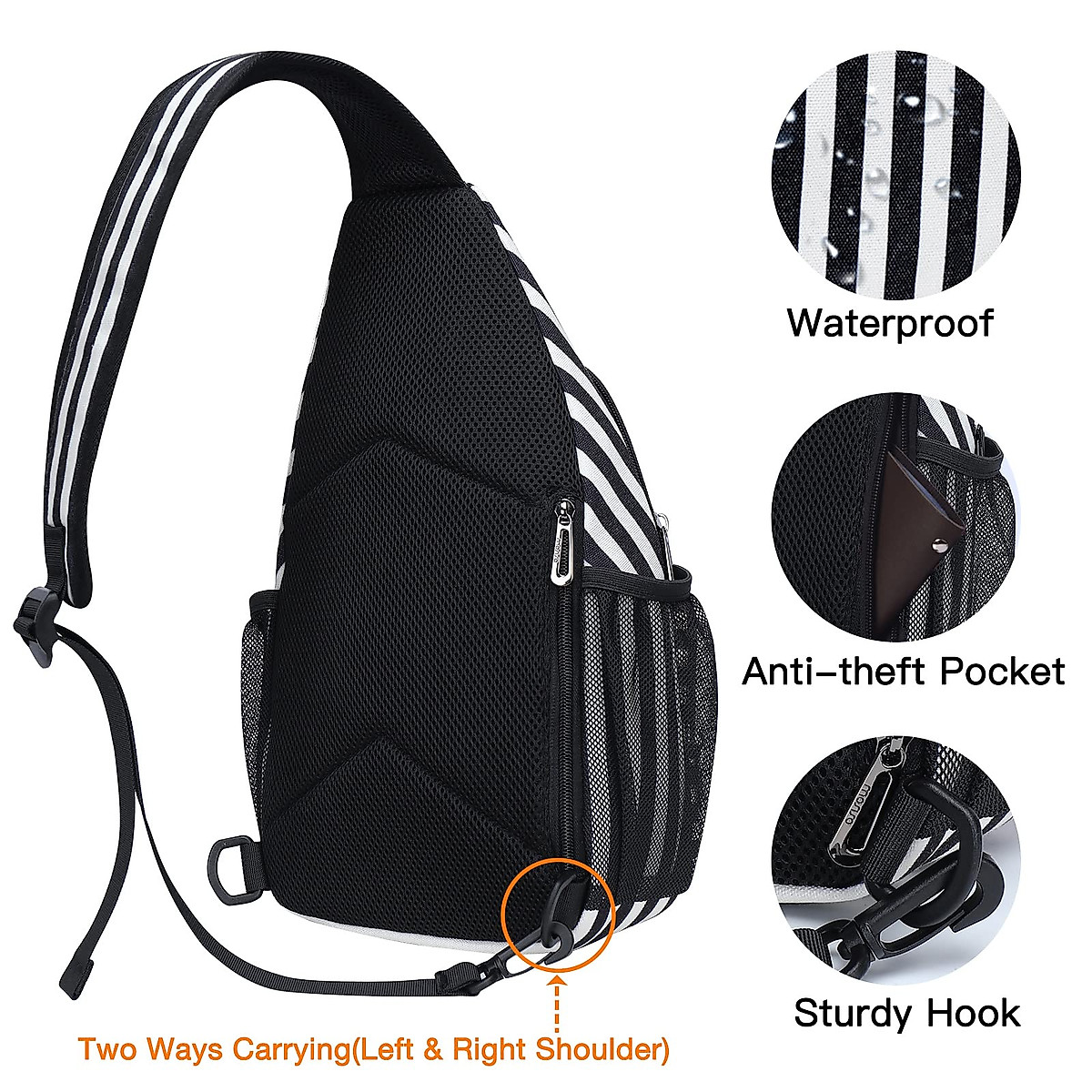 MOSISO Crossbody Sling Backpack, Vertical Stripe Sling Bag with Front Raised Pocket Travel Hiking One Shoulder Chest Bag Daypack, Black