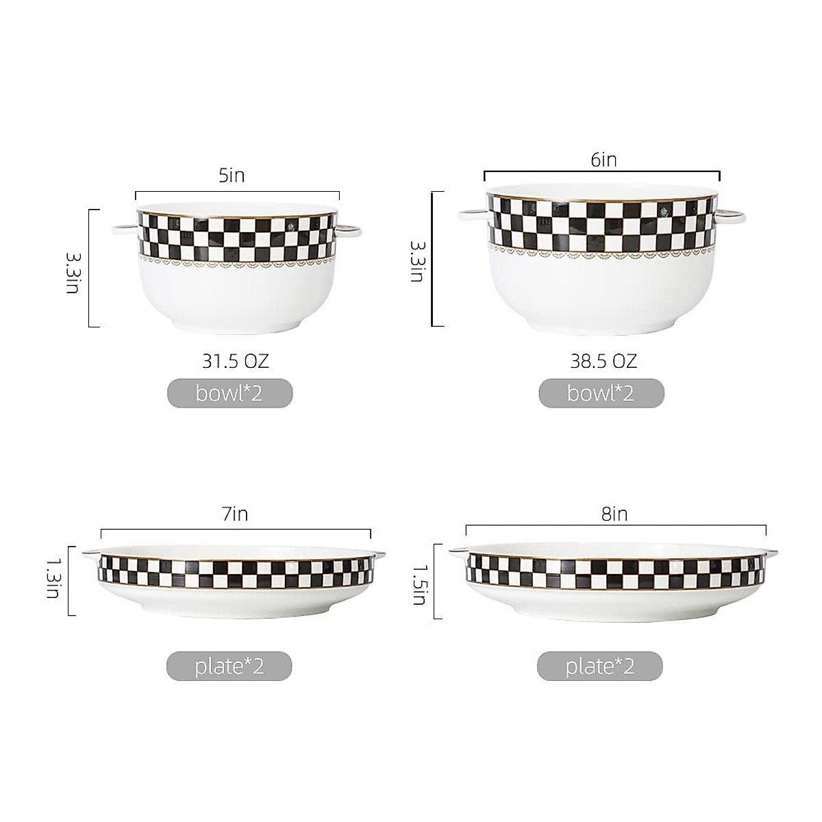 Porlien Checkered 8-Piece Plates and Bowls Set with Handles, Set of 2, Dessert/Cereal Bowls & Salad/Soup/Dessert Plates