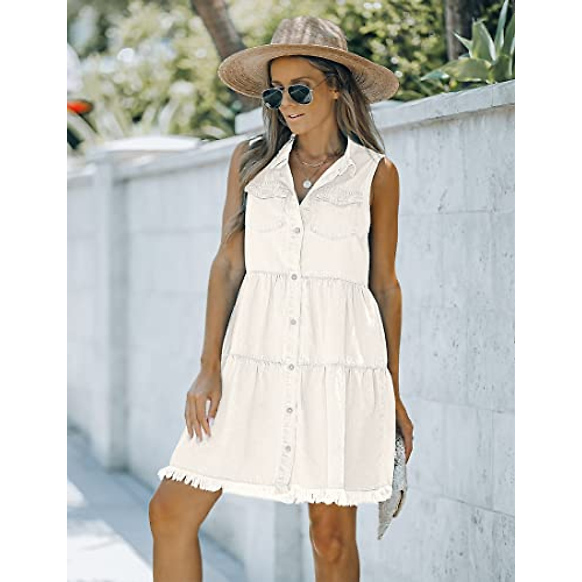 luvamia Women's Casual Summer Lapel Sleeveless Button Down Short Denim Jean Dress Denim Dress Women's White Plus Size Dresses for Women Brilliant White Size Xx-Large Fits Size 20 Size 22