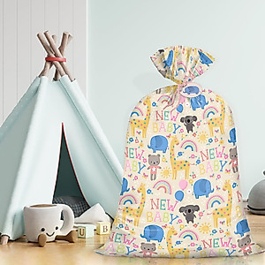 WRAPAHOLIC 56" Large Baby Shower Plastic Gift Bag - Animals & New Baby Design for Baby Shower, Kids Birthdays, Parties, Celebrating, or Any Occasion - 56" H x 36" W