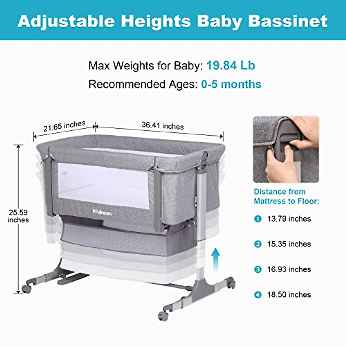 Kisdream Baby Bassinet Bedside Co Sleeper: Parents Next to Tall Bed Side Cradle Bassinette Attached Safe Cosleeper Crib Connected Portable Cosleeping for Newborn & Infant with Adjustable Height
