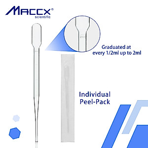 Maccx 100pcs Sterile Transfer Pipettes, Vol. 5ml, 2ml Graduated, 155mm Long, Essential Oils Pipettes, Low-Density Polyethylene Material, Individual Peel-Pack, TPP5155-100