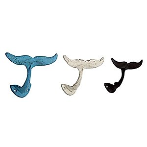 Cast Iron Whale Tail Wall Hooks, Assorted Colors, 5 Inches, Set of 3