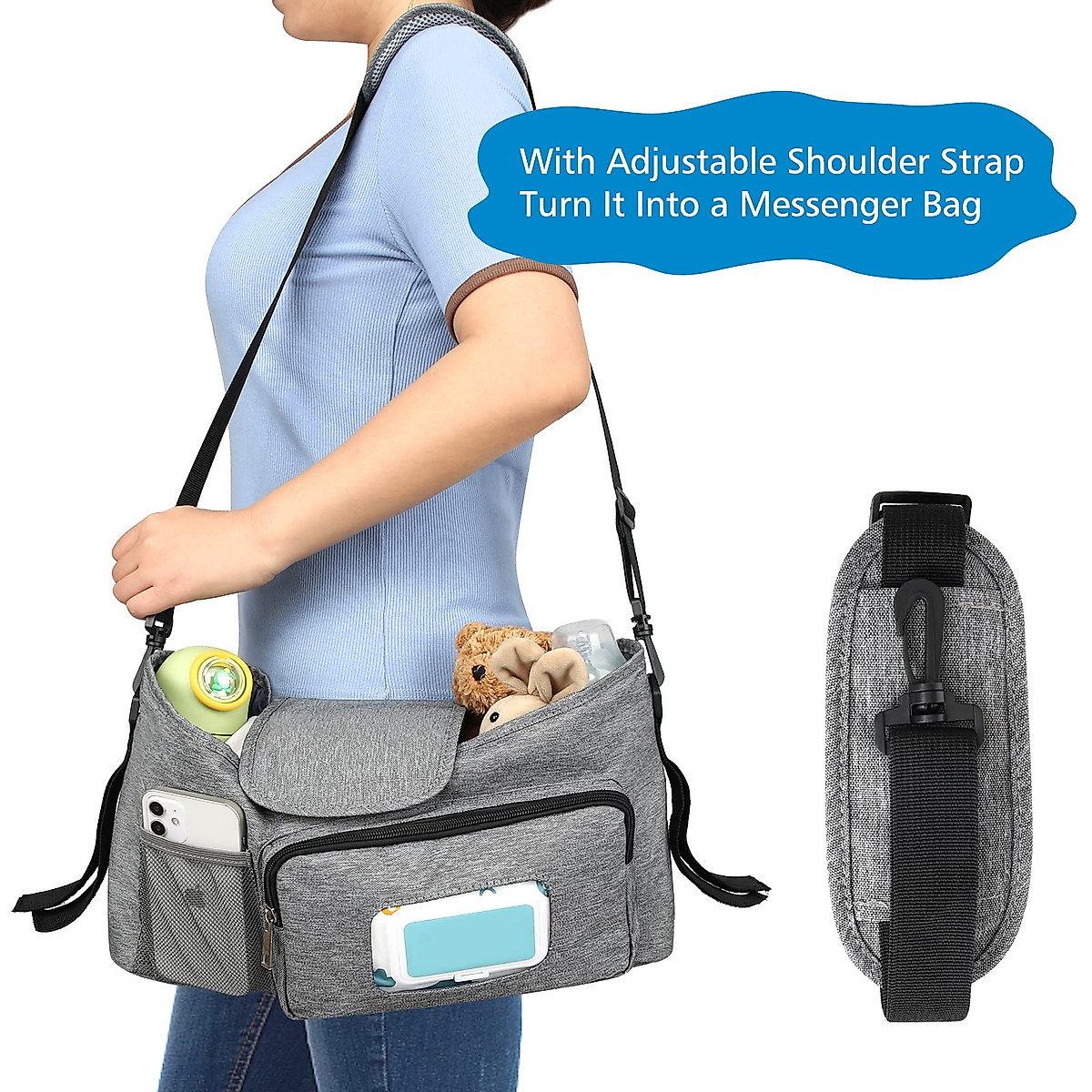 Accmor Universal Stroller Organizer with Insulated Cup Holder, Stroller Caddy Bag Accessories, Stroller Cup Holder Organizer for Uppababy Baby Jogger Britax Stroller, Grey