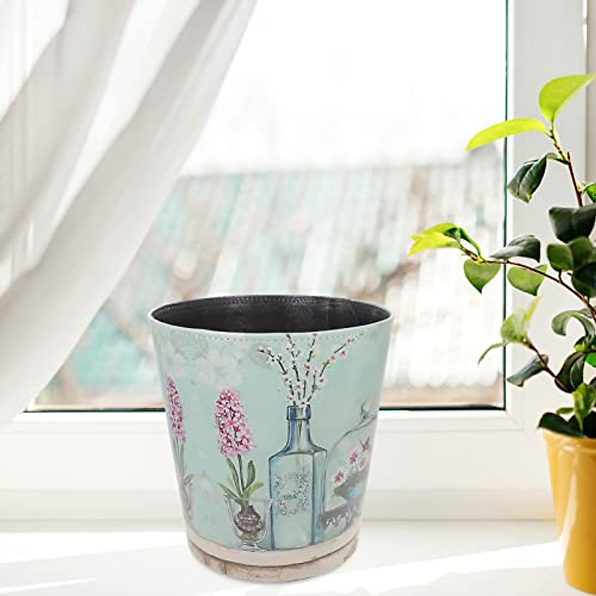 OUNONA Car Decor Trash Container Leather Trash Can Wastebasket Garbage Container Bin Flower Pattern for Home Office Kitchen Bathroom Storage Large Capacity 10L Small Waste Basket Office Decor