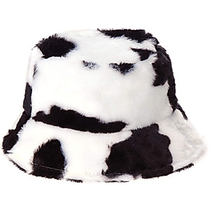 XYIYI Cow Print Furry Bucket Hat Fluffy Winter Warm Fisherman Cap Gifts for Women Teen Girls