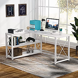 Tribesigns Reversible Industrial L-Shaped Desk with Storage Shelves, Corner Computer Desk PC Laptop Study Table Workstation for Home Office Small Space (White, 53")