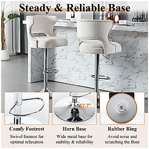 ABET Adjustable Bar Stools Set of 2, Velvet Swivel Counter Barstools with Hollow Back Footrest Soft Upholstered Bar Chairs for Kitchen Island Dining Room Home Bar Bistro, Beige, Chrome Base
