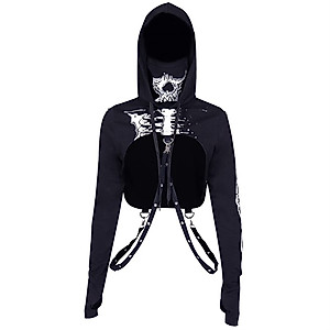 win2win Skeleton Hoodie Gothic Tops For Women Rave Top Punk Crop Top Sweatshirts Goth Mask Emo Black Festival Clothing Cosplay