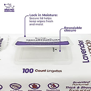 Best Pet Supplies 8" x 9" Pet Grooming Wipes for Dogs & Cats, 100 Pack, Plant-Based Deodorizer for Coats & Dry, Itchy, or Sensitive Skin, Clean Ears, Paws, & Butt - Calming Lavender