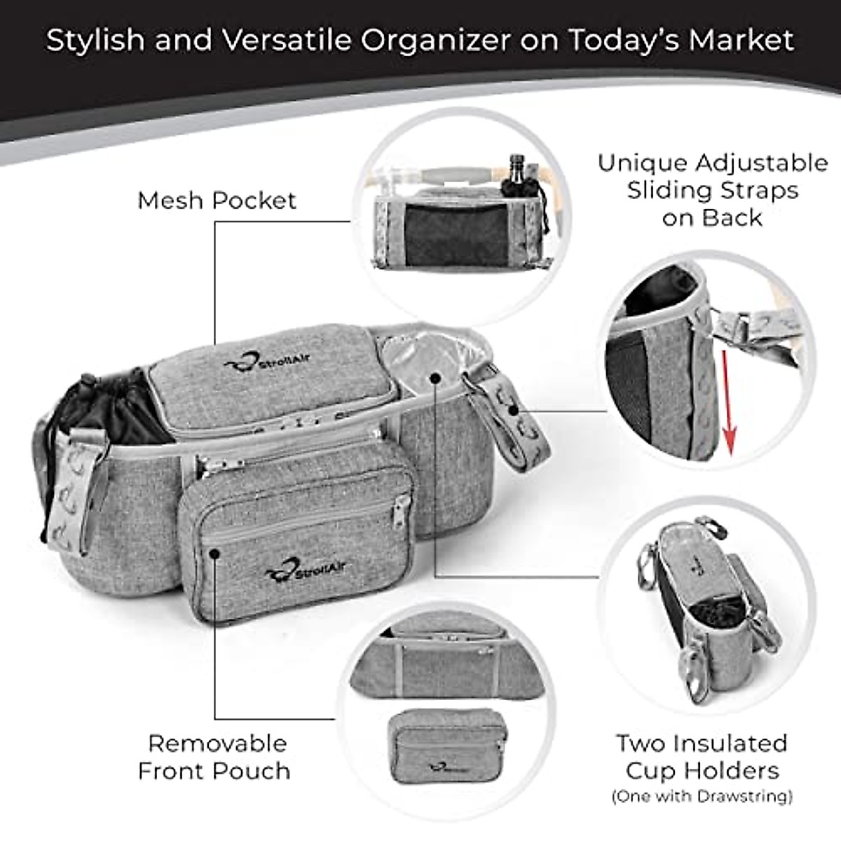 StrollAir - Universal Organizer for Single Strollers – Insulated Cup Holder Console Parent Drink Caddy- Compatible with CosmoS, SOLO, Uppa Baby,Nuna, Baby Jogger, Bumbleride – Grey