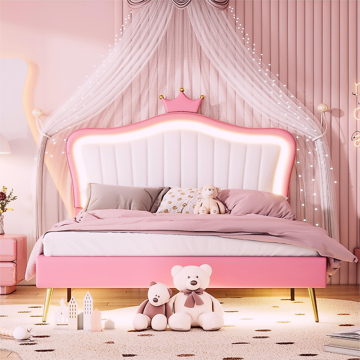CKLMMC Cute Queen Size Upholstered Princess Bed with Crown Headboard, Modern Upholstered Bed Frame with LED Lights, No Box Spring Required (White+Pink/Princess1)