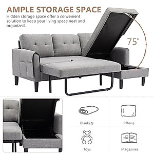 HUMEHA Convertible Sleeper Sofa, Linen Reversible Sleeper Sectional Sofa with Storage Chaise, Modern Upholstered Pull Out Sofa Bed, L Shaped Sofa Couch for Living Room Bedroom, Light Gray