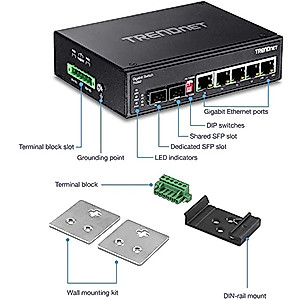 TRENDnet 6-Port Hardened Industrial Gigabit DIN-Rail Switch, 12 Gbps Switching Capacity, IP30 Rated Metal Housing (-40 to 167 ºF),DIN-Rail & Wall Mounts Included,Lifetime Protection,Black,TI-G62