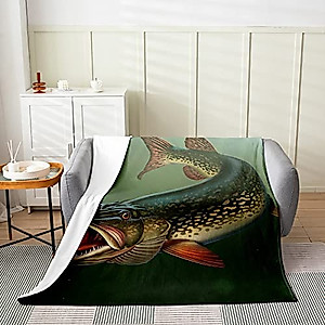 Erosebridal Bass Fishing Fleece Blanket, Big Mouth Pike Fish Throw Blanket for Bed Sofa Couch, Sea Animals Sherpa Blanket, Fish Scales Plush Bed Blanket, Ultra-Soft Warm Fuzzy Blanket, Twin