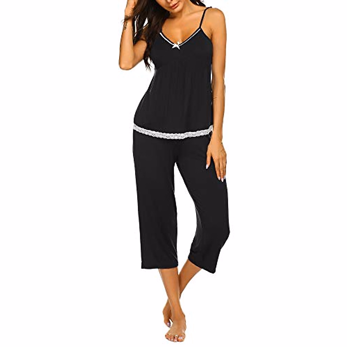 Ekouaer Womens Summer Pajamas Set Capris Pants Sexy Sleepwear Cami Nightwear Pj Set Black XXL