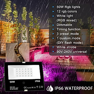 MELPO Led Flood Light Outdoor, 50W RGB Color Changing Landscape Lighting with Remote, Timing - 12 Colors - 4 Modes, IP66 Waterproof, US 3-Plug, (Pack of 2)