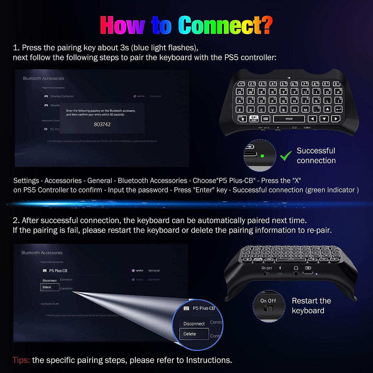 MoKo RGB Backlight Keyboard for PS5 Controller, Bluetooth Wireless Mini Gamepad Chatpad for Playstation 5 with Upgraded Built-in Speaker & 3.5mm Audio Jack for PS5 Controller Accessories