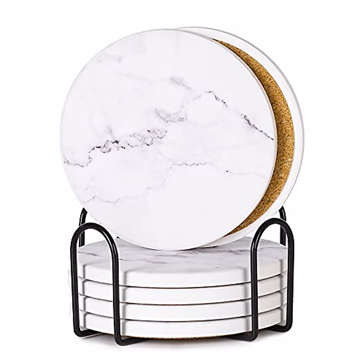 Absorbent Coasters for Drinks ,Ceramic Coaster Set of 6 with Holder, Durable Cup Coaster for Coffee Table with Cork Base for Table Protection, Housewarming Birthday Gifts, Home Decor (White Marble)