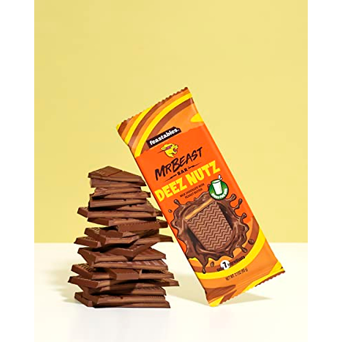 Feastables MrBeast Milk Chocolate Bars with Peanut Butter - Deez Nuts - Made with Grass-Fed Milk Chocolate and Organic Cocoa. Only 7 Ingredients, 10 Count