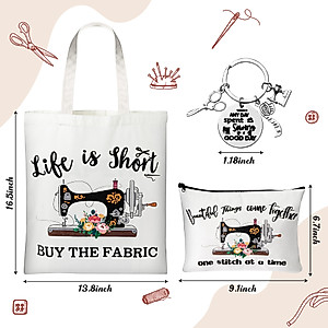 3Pcs Sewing Tote Bag Canvas Bag with Keychain, Funny Quilting Sewing Gifts for Seamstress Women Sewing Lovers Mom, Sewing Cosmetic Bag Organizer Makeup Pouch Sew Machine Themed Christmas Gift