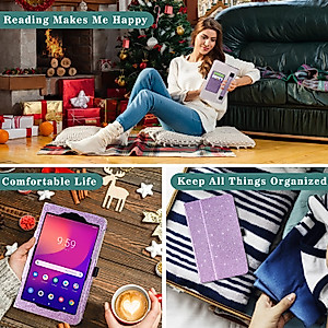 DMLuna Case for Metro by T-Mobile Alcatel Joy Tab 2, 8 Inch Tablet 2020 Release, PU Leather Shockproof Folio Cover Protector Accessory with Handle Hand Strap, Stand, Card Slot, Glitter Purple