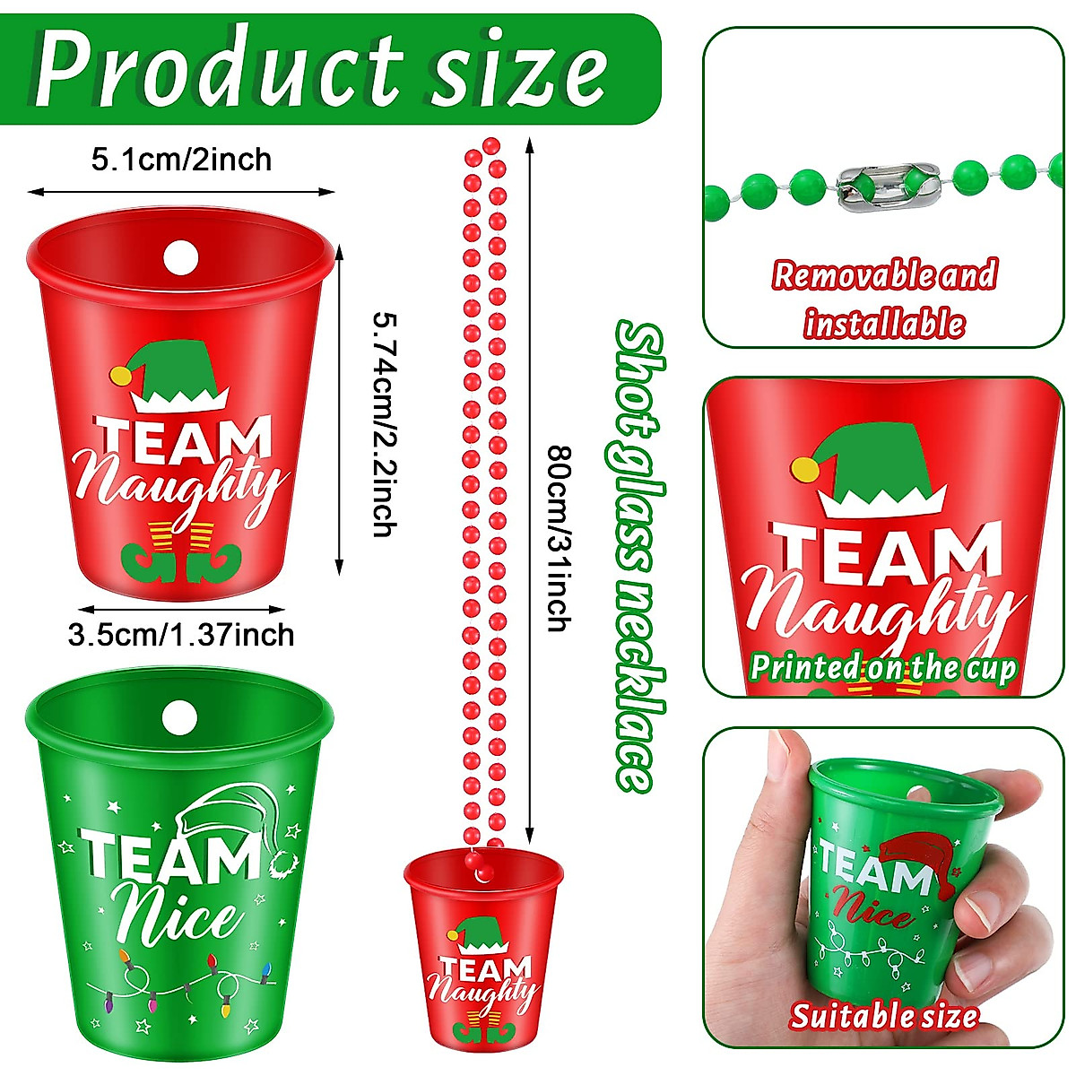 12 Pieces Christmas Shot Glass Necklace on Beaded Team Naughty Team Nice Shot Necklace Glass Plastic Red Beaded Necklace with Drinking Cup Green Shot Glasses for Christmas Party Decorations Supplies