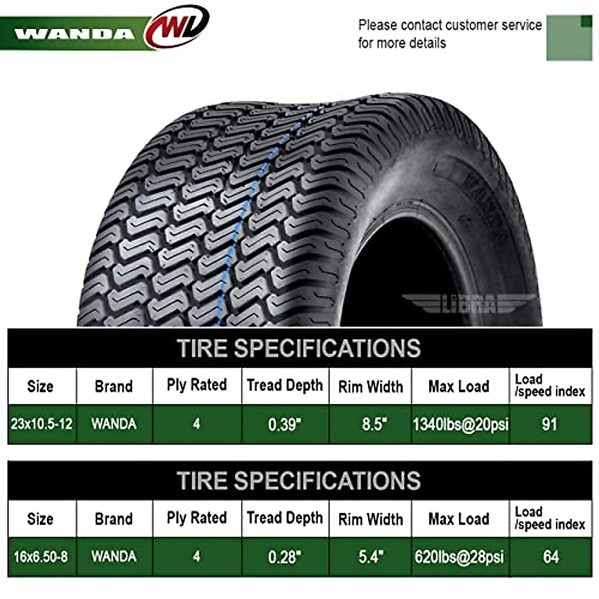 Set 4 WANDA Lawn Mower Turf Tires 16x6.5-8 Front & 23x10.5-12 Rear /4PR -13019/13049