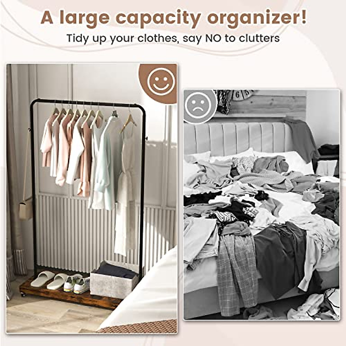 Tangkula Clothes Rack on Wheels, Industrial Pipe Style Rolling Garment Rack with Bottom Storage Shelf & 5 Hanging Hooks, Clothes Organizer with Sturdy Metal Frame for Bedroom Laundry Room
