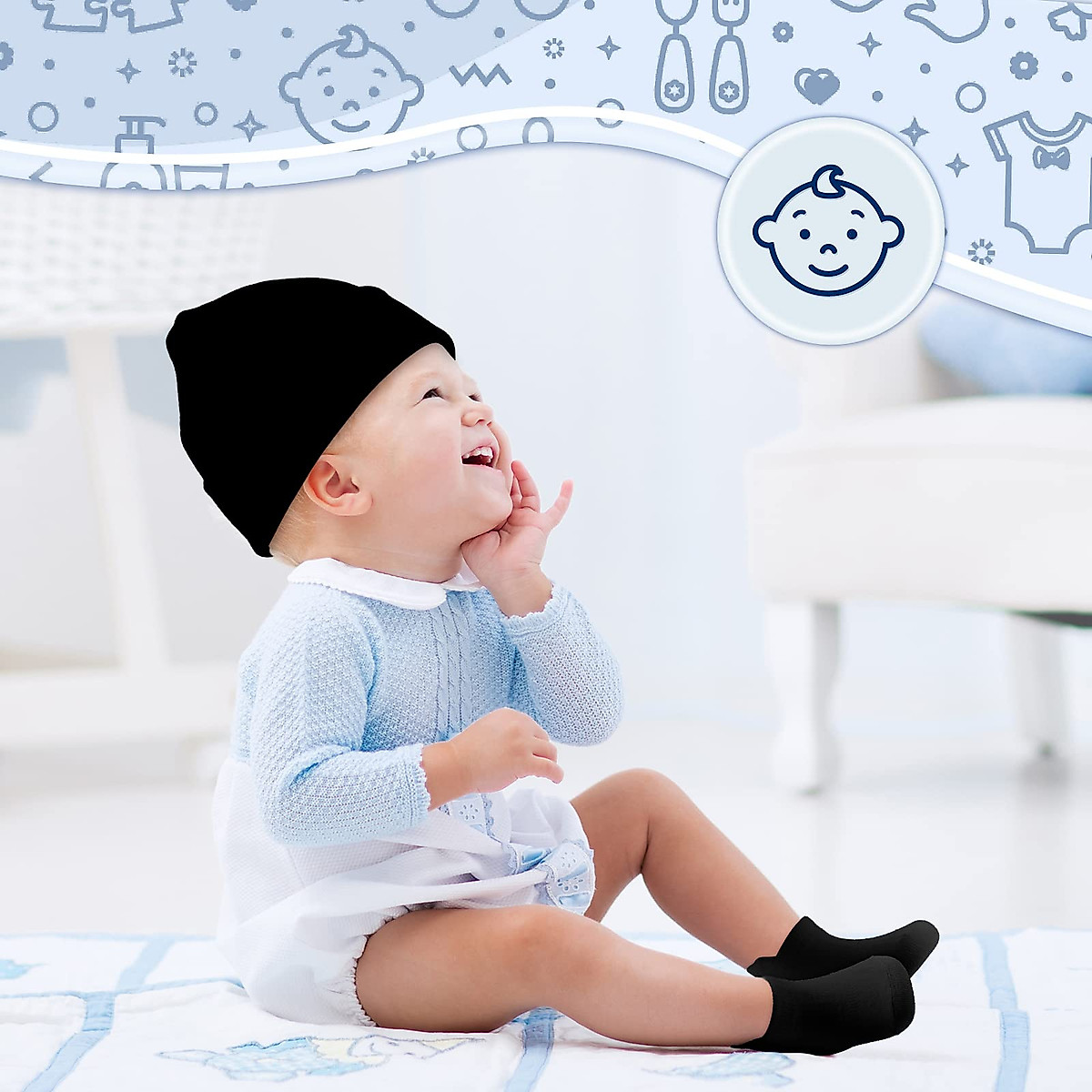 Boyiee 12 Pieces Baby Mittens Newborn Hats and Sock Infant Mittens Baby Caps Mittens Socks Set No Slip Ankle Socks(Blue and White)