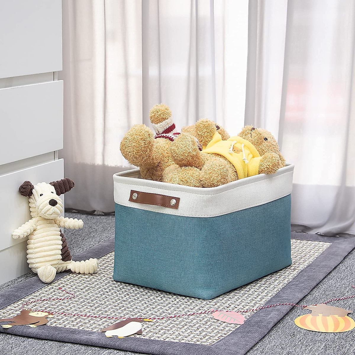 HNZIGE Fabric Storage Baskets for Organizing Small Baskets for Shelves, Laundry, Nursery, Closets, Decorative Baskets for Gifts Empty (White&Teal)