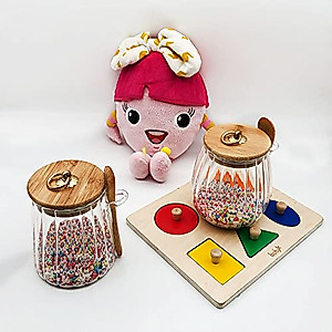 WEIRUIFANZHI 2 Pack Small Glass Coffee Jars set Canister with Bamboo Lid&spoon Petal Decorative Container with Metal Handle&scoop Airtight Storage jar Easy to Grasp for Nuts,Tea,Candy,Cookies(23.7OZ)