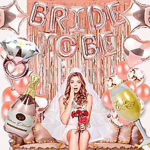Rose Gold Bachelorette Party Supplies Naughty, Bride to Be Balloons, Ring, Champagne Bottle，Goblet Balloons Foil Curtain Sash Cake Topper for Bridal Shower Favors Decoration Kit