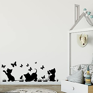 Fun Silhouette Cat Catches Butterfly Kids Baby Room Bedroom Living Room Vinyl Wall Sticker Home Decor