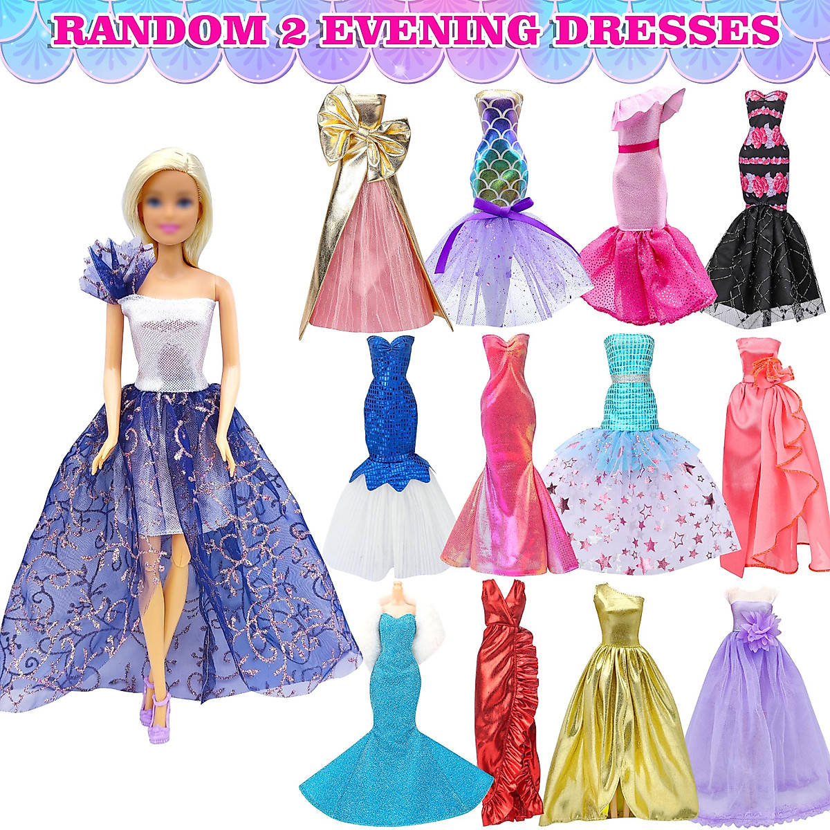 Style Shine 50 Pack Doll Clothes and Accessories, 4 Wedding Gowns 2 Evening Dresses 6 Fashion Dresses 6 Set Casual Outfits Top and Pant 2 Swimsuit Bikini, 20 Hanger 10 Shoe Toys for Girl Birthday Gift