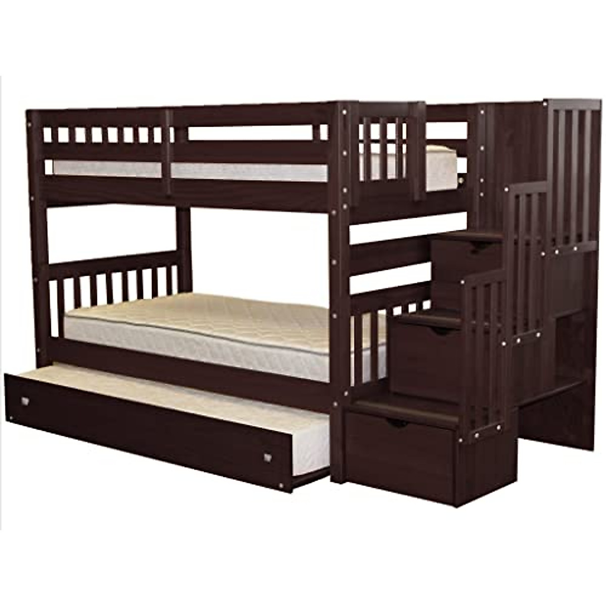 Bedz King Stairway Bunk Beds Twin over Twin with 3 Drawers in the Steps and a Twin Trundle, Dark Cherry