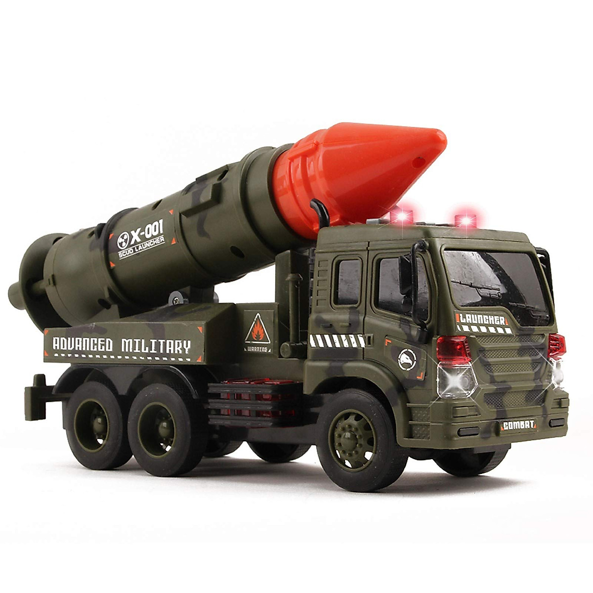 Vokodo Military Launcher Truck Friction Powered Fighter with Lights Sounds and Pull Back Missile Kids Push and Go Army Carrier Vehicle Pretend Play Armored Toy Car Great Gift for Children Boys Girls