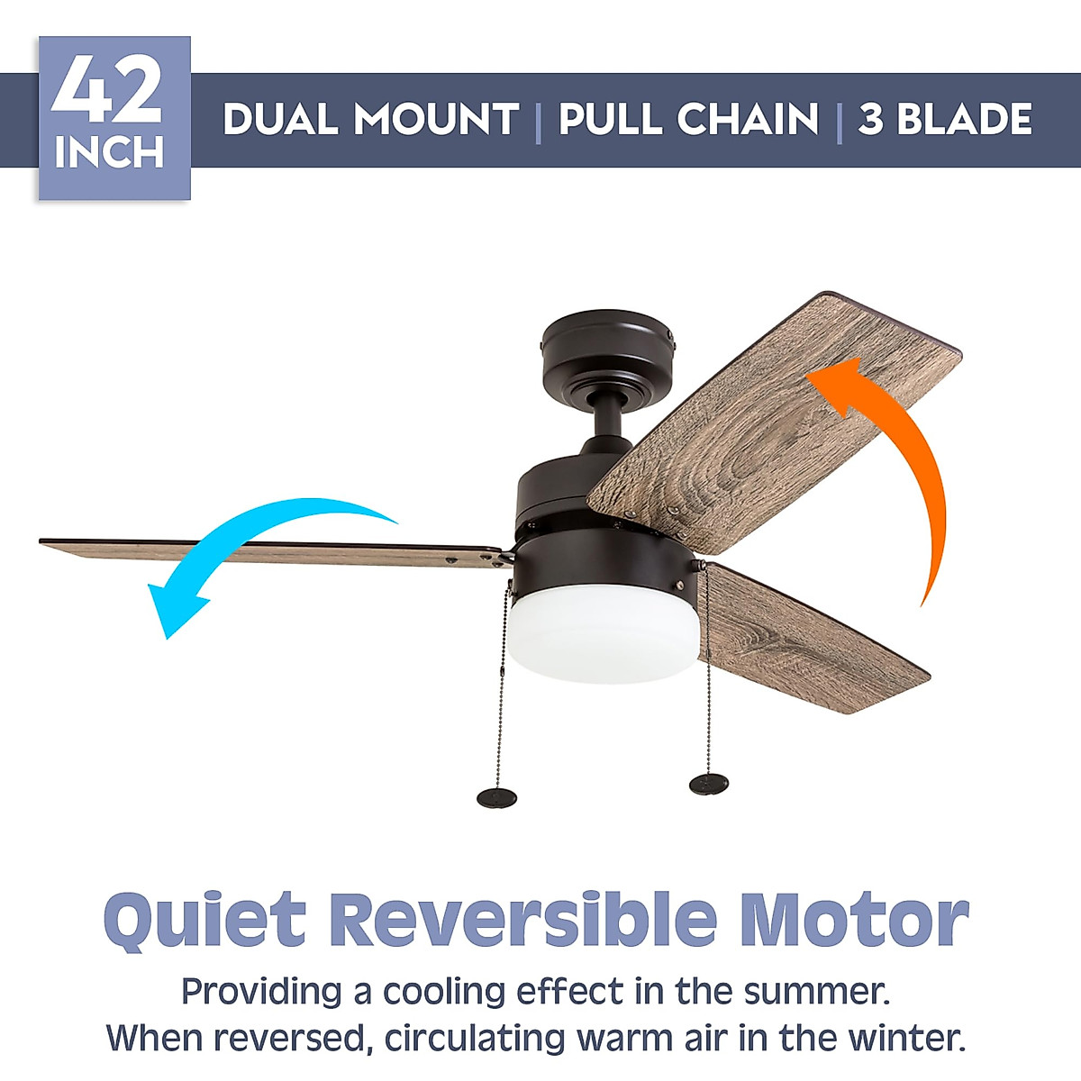 Prominence Home Reston, 42 Inch Modern Farmhouse LED Ceiling Fan with Light, Pull Chain, Dual Mounting Options, Dual Finish Blades, Reversible Motor - 51015-01 (Bronze)